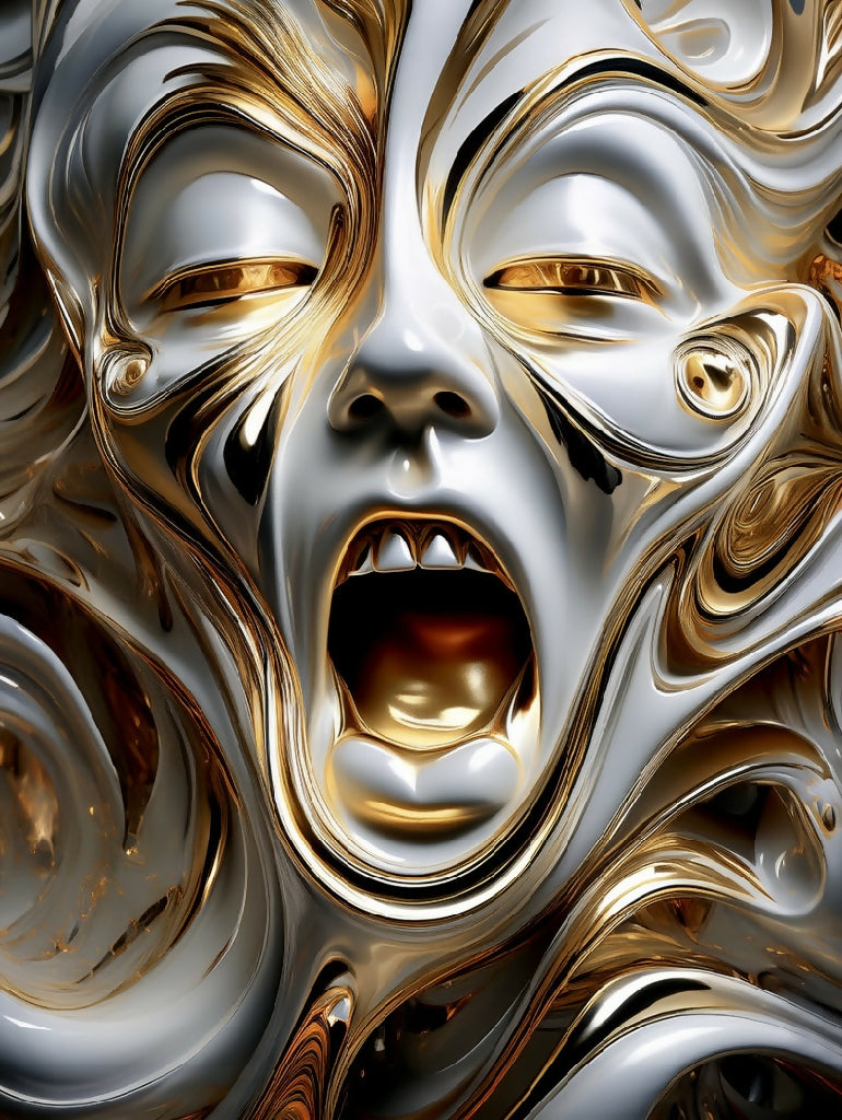 Metal face, screaming face, gold and silver