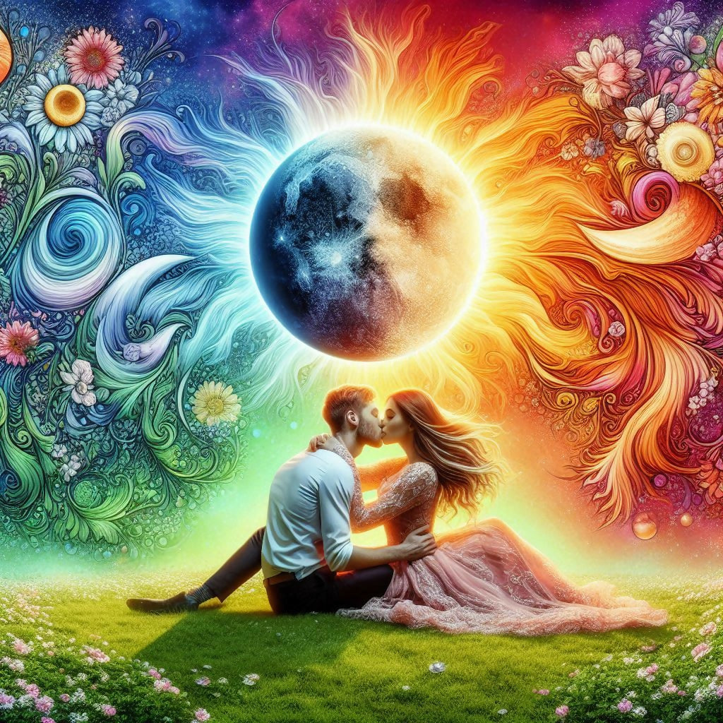 "Celestial Embrace" captures a romantic harmony between t...