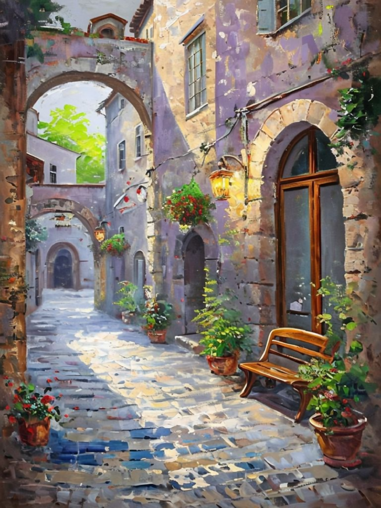 Tuscan Alleyway Art Print: Historic Italian Street Painting, Italia...