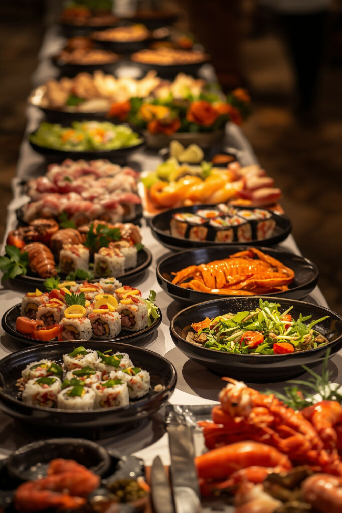 dinner buffet food photography with assorted sushi rolls, mixed gre...