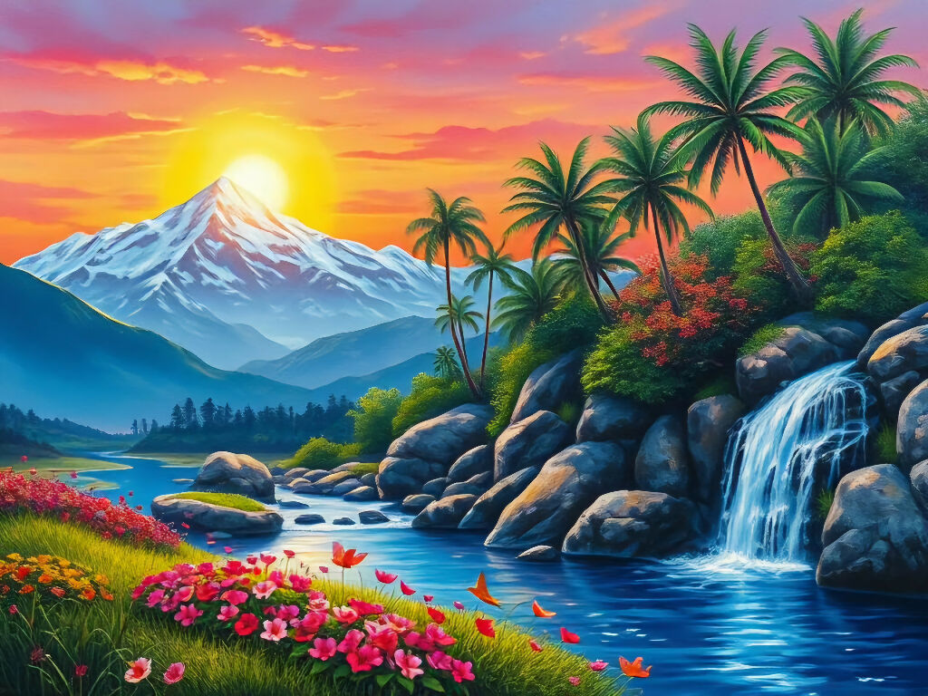 Landscape Painting - Sunshine Paradise | Stunning Sunrise Over Snow...