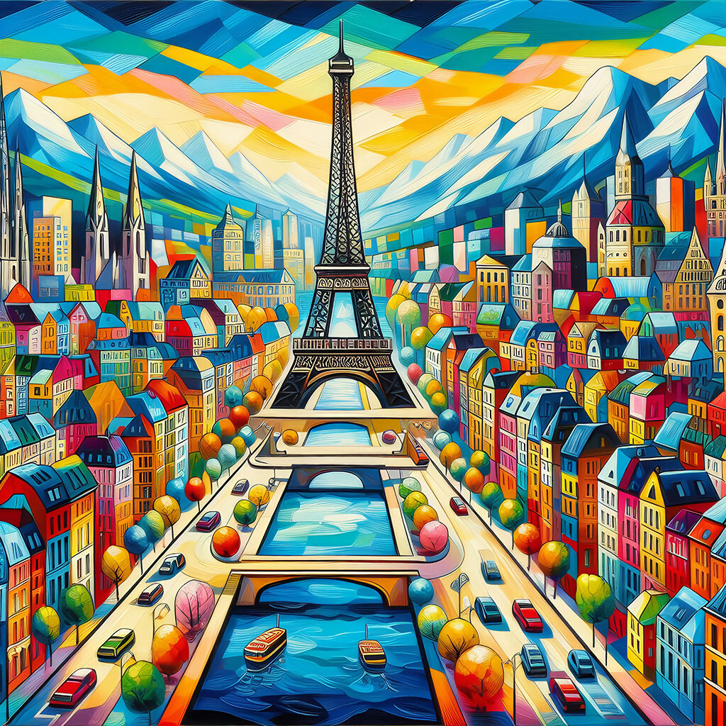 The image is a vibrant painting of Paris, featuring the iconic Eiff...
