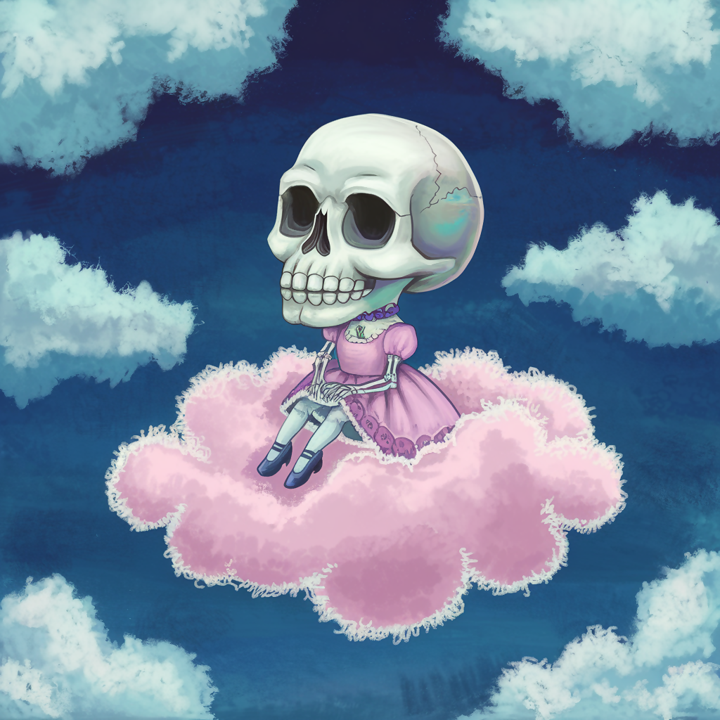Kawaii Skeleton On A Cloud art