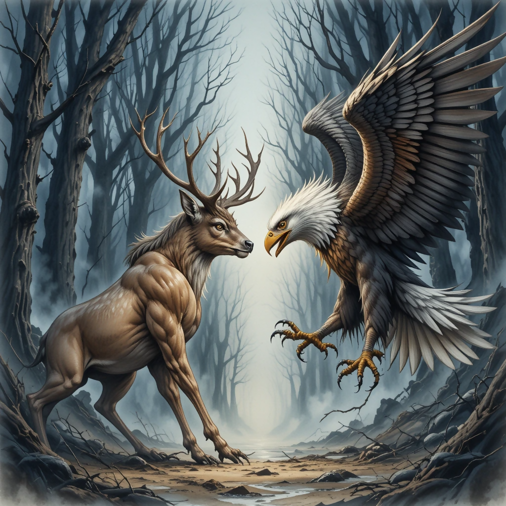 Forest Confrontation: Deer and Eagle Locked in Struggle
