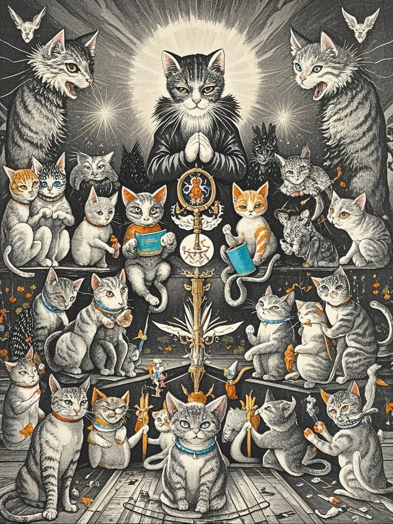 Cat Judgement - Vintage Ritual Feline Gathering AI Art