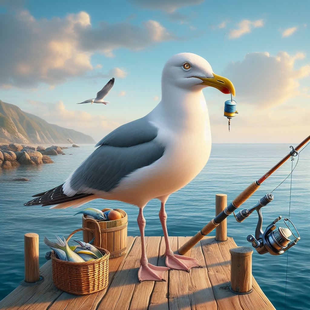 Seagull with Fishing Rod