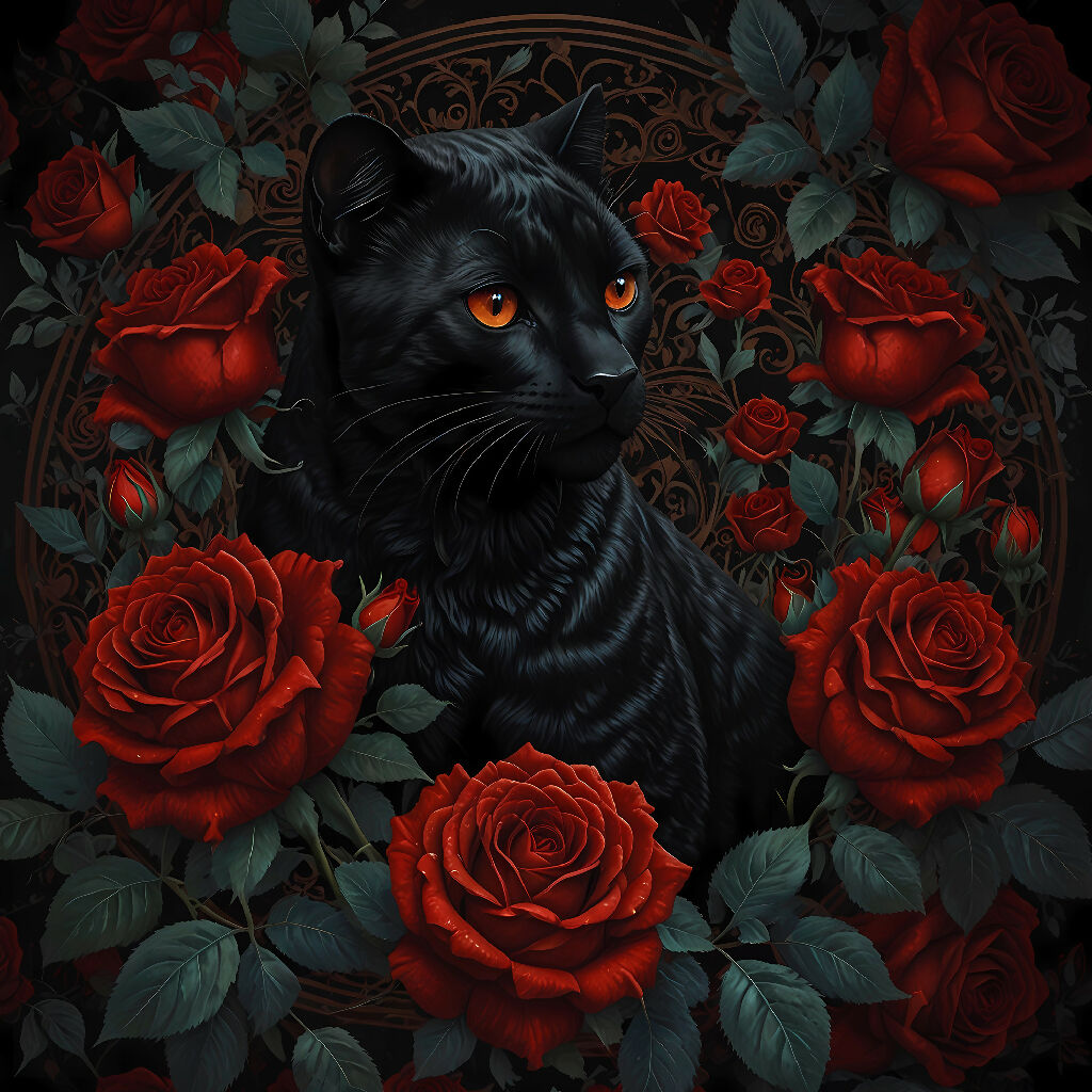 Black cat among red roses