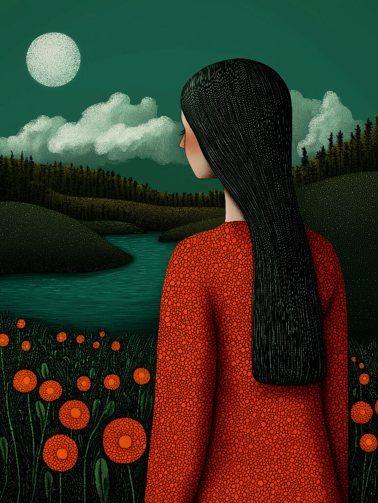 Scarlet Horizon – Surreal Landscape with Human Subject