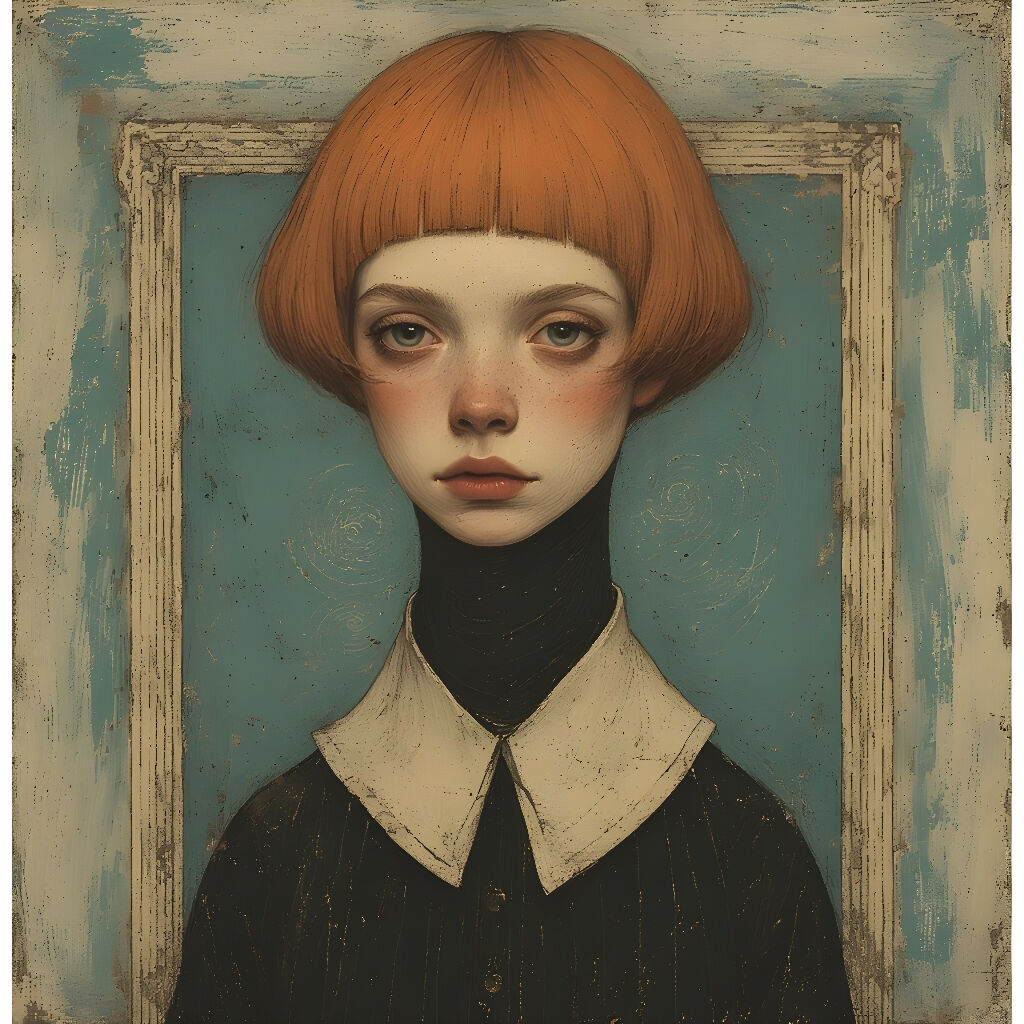 stylized portrait, orange bob haircut, geometric hairstyle, freckle...