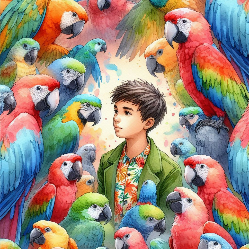 "Boy with African Parrots, Colorful Parrot Artwork, Vibrant Wa...