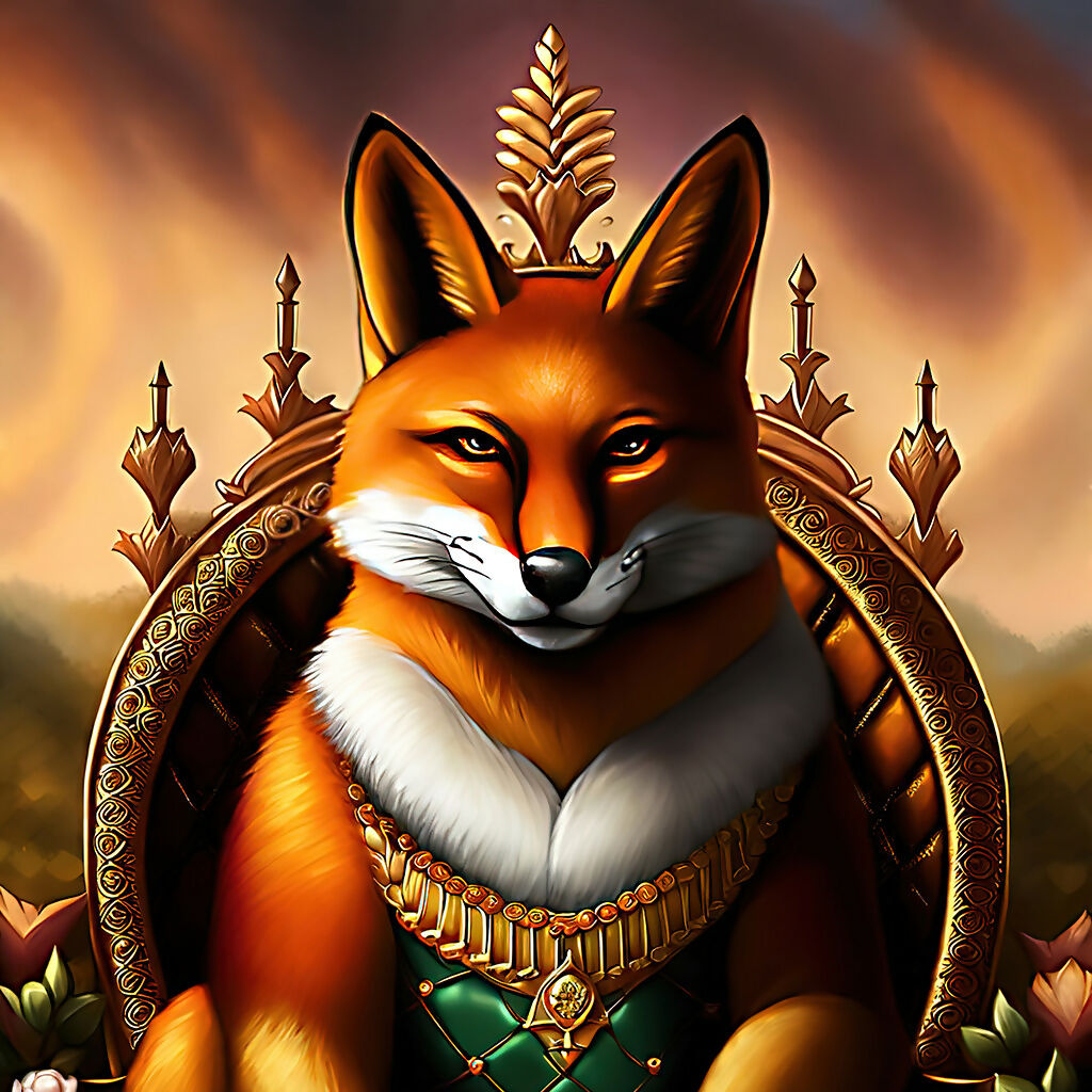 This stunning image depicts a regal fox sitting on a golden throne....