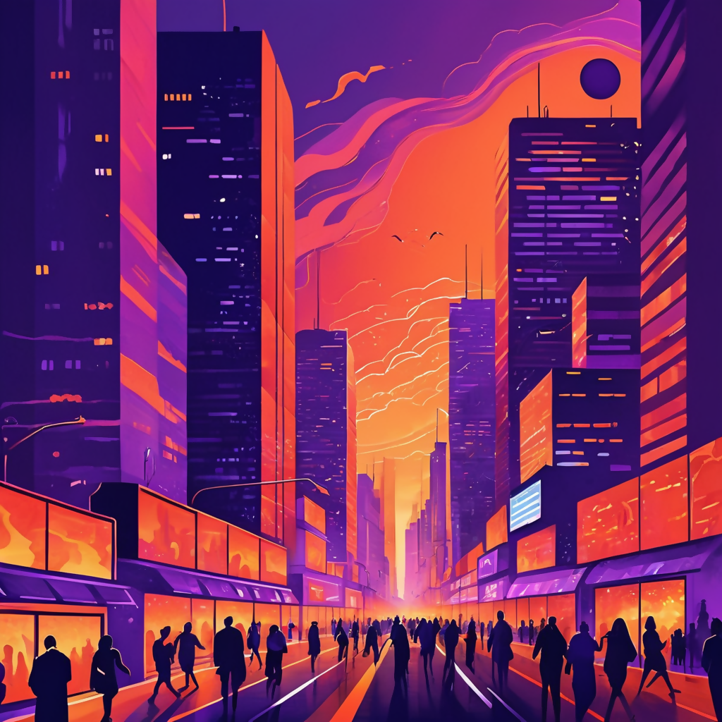 SunsetCityscape UrbanLife VibrantIllustration CityLights FierySky B...
