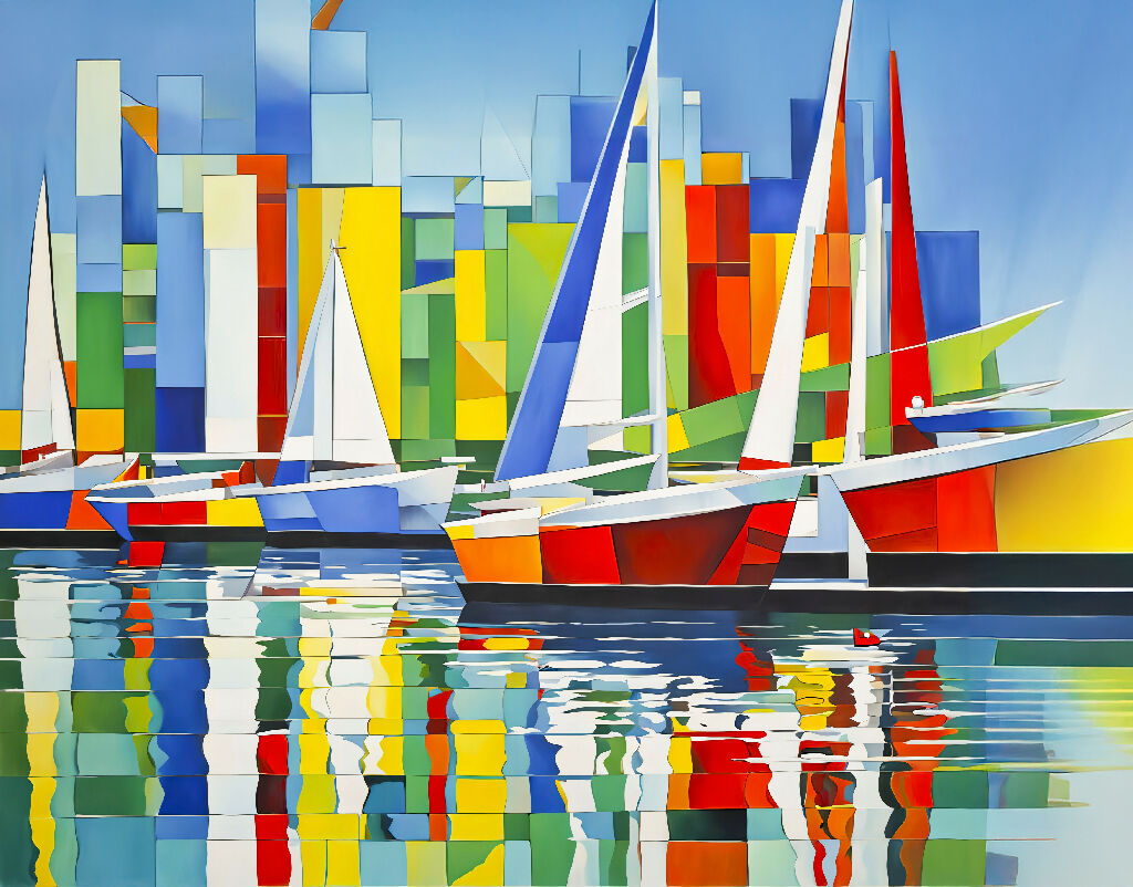 Cubist Sailboats in Colorful Harbor