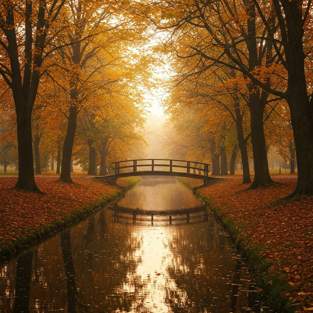 The image is of a tranquil autumn scene of a small canal flowing th...