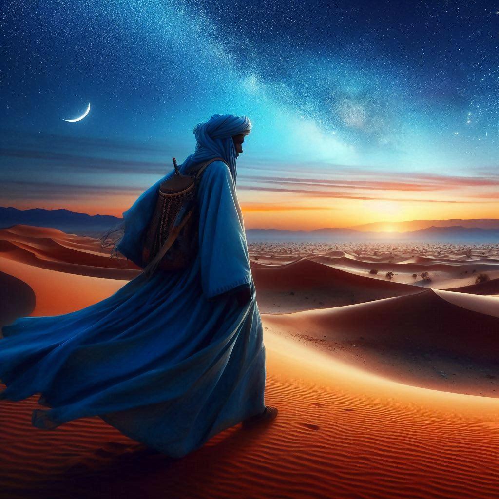 "Tuareg Nomad in Indigo Robes, Starry Desert Sky, Sahara, Noma...