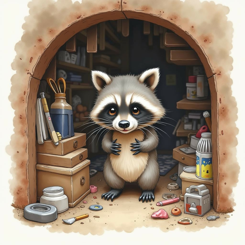 Mischievous Raccoon - Exploring Cluttered Attic Digital Art