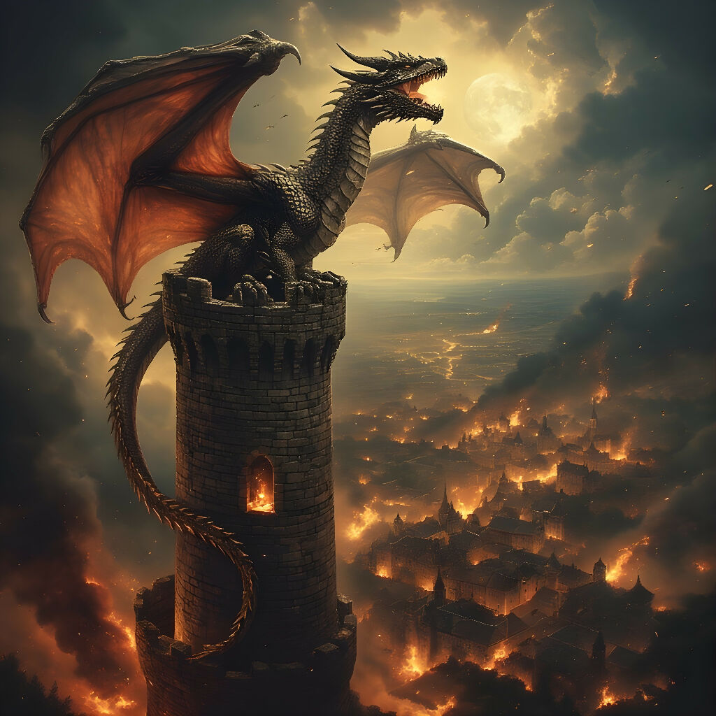 fantasy dragon moonlit siege glowing wings medieval city destructio...