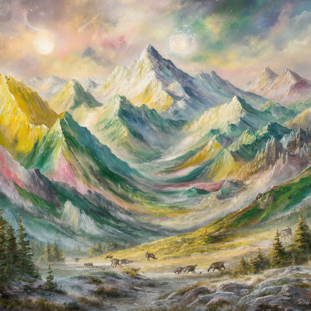 A captivating mountainscape painting evoking a sense of awe and wonder