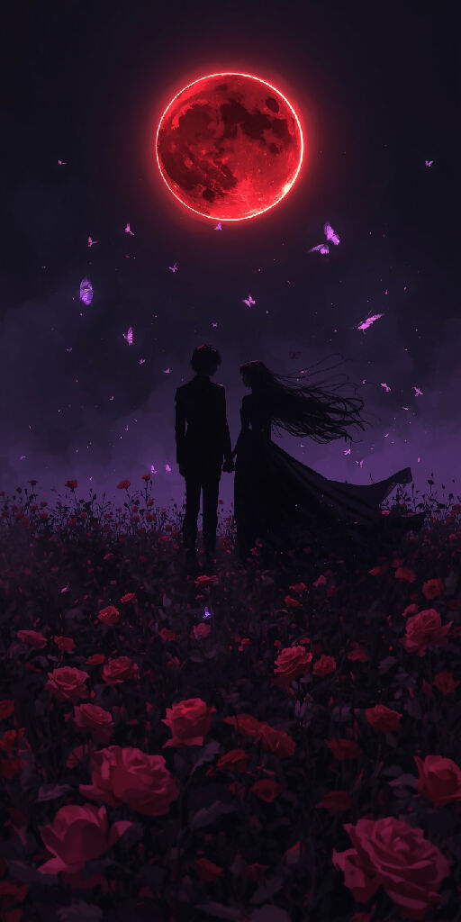 Image anime Beneath the eerie glow of a blood-red lunar eclipse
