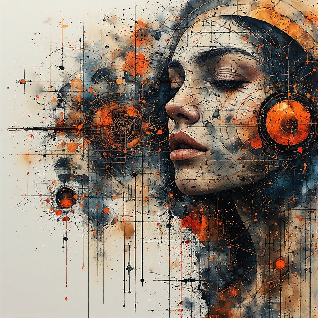 digital portrait, abstract geometry, circular grids, immersive desi...