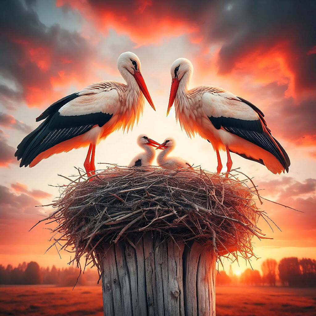 Stork family,Nesting birds,Sunset sky,Fiery sun,Vibrant clouds,Stor...