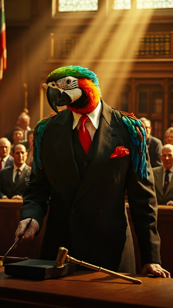 Perry the Lawyer – AI-Generated Anthropomorphic Parrot in Courtroom...