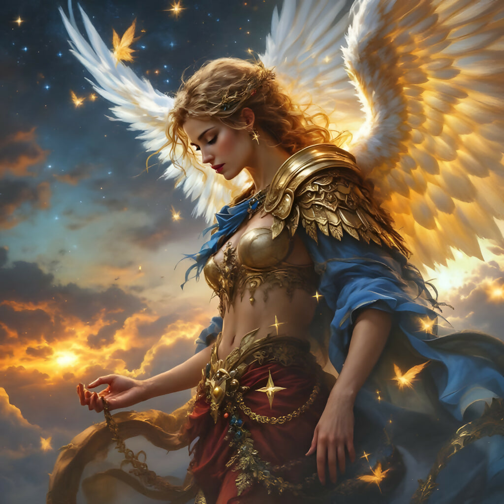 Celestial Sentinel – Angel Warrior in Golden Armor at Sunrise