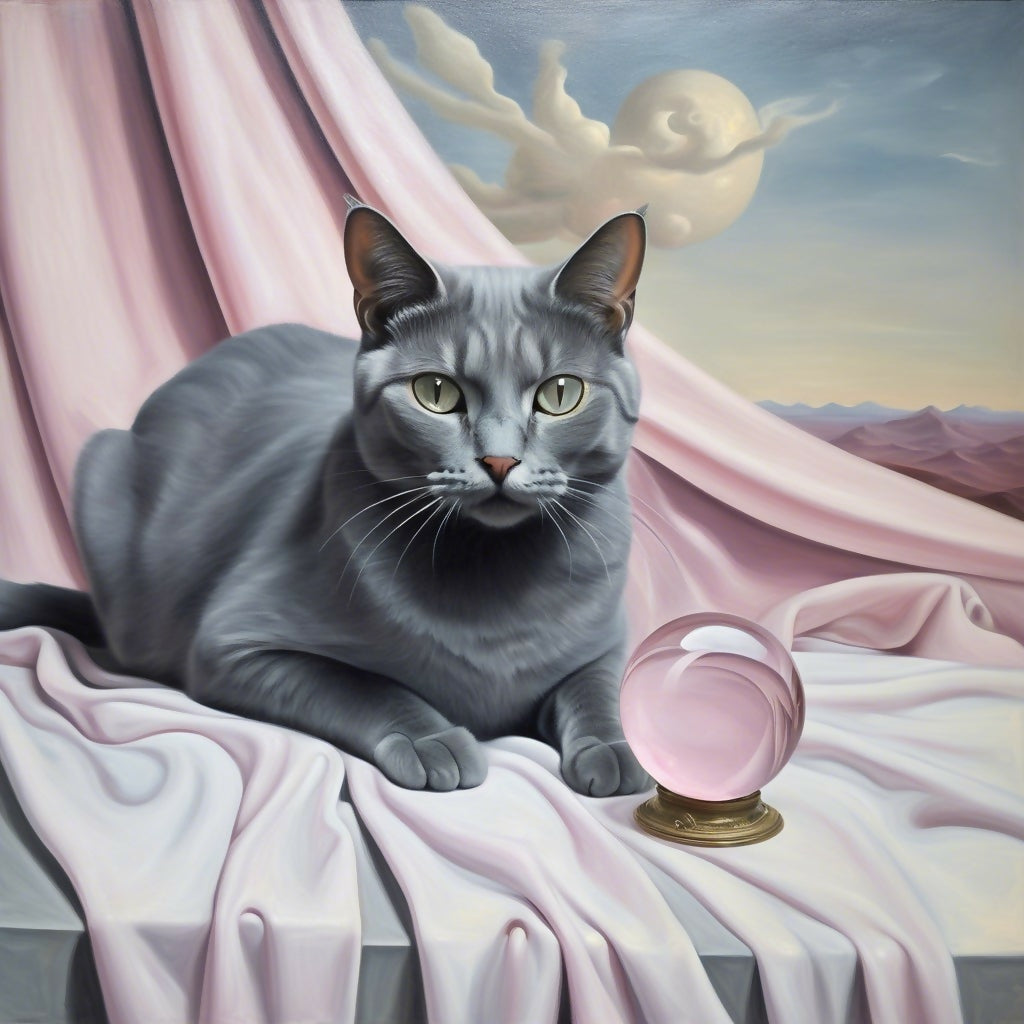 Surrealist cat painting, gray cat, rose quartz ball, pet portrait,