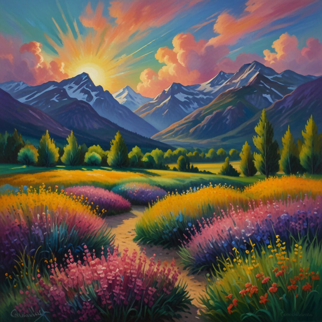 Stunning mountainscape painting in the blended styles