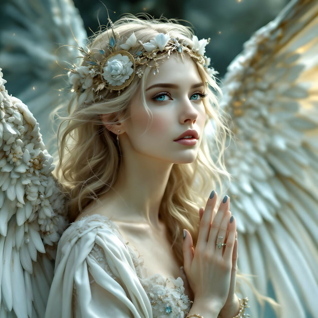 Ivory Praying Angel Art – Serene Celestial Wall Print