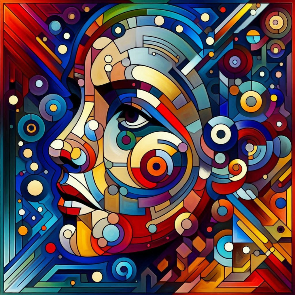 This modern abstract portrait captivates with its fusion of vibrant...