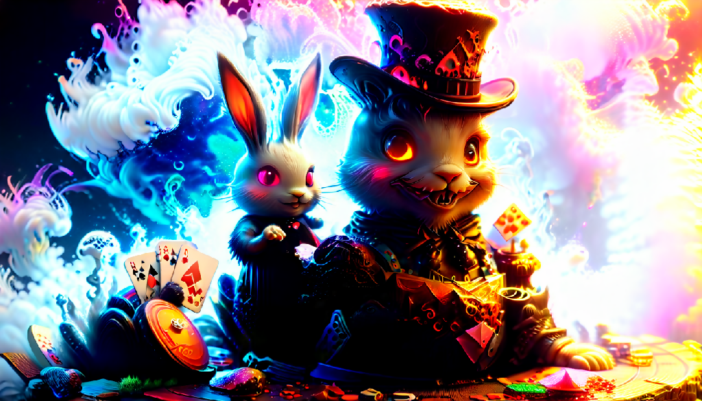 A Psychedelic Neon Glowing UV White Rabbit in A Top Hat