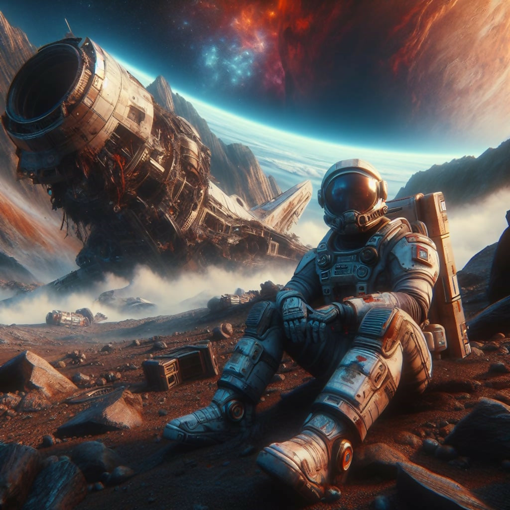 Beside his Wrecked Spacecraft