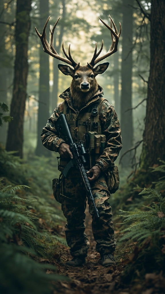 The Deer Hunter – AI-Generated Anthropomorphic Deer in Hunting Attire