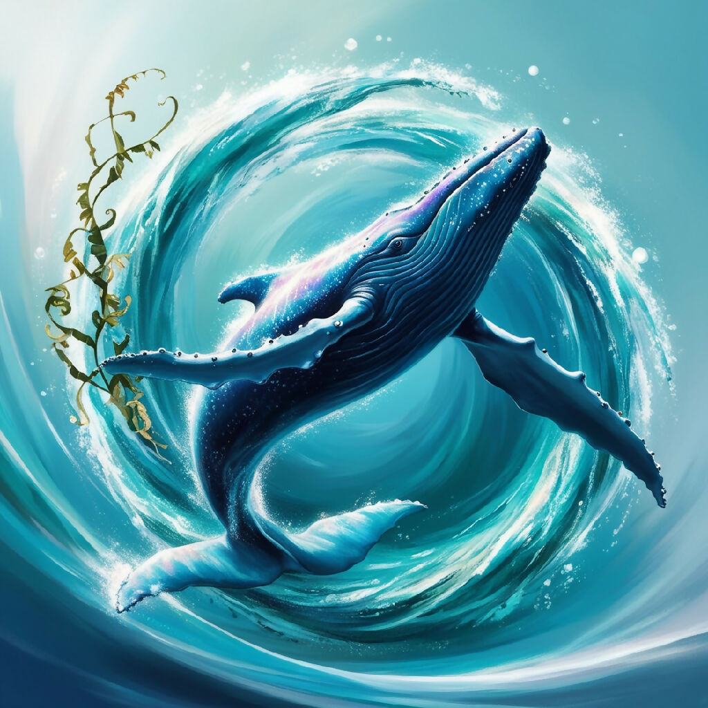 Majestic Blue Whale, Vibrant Digital Art, Turquoise and Aquamarine,...