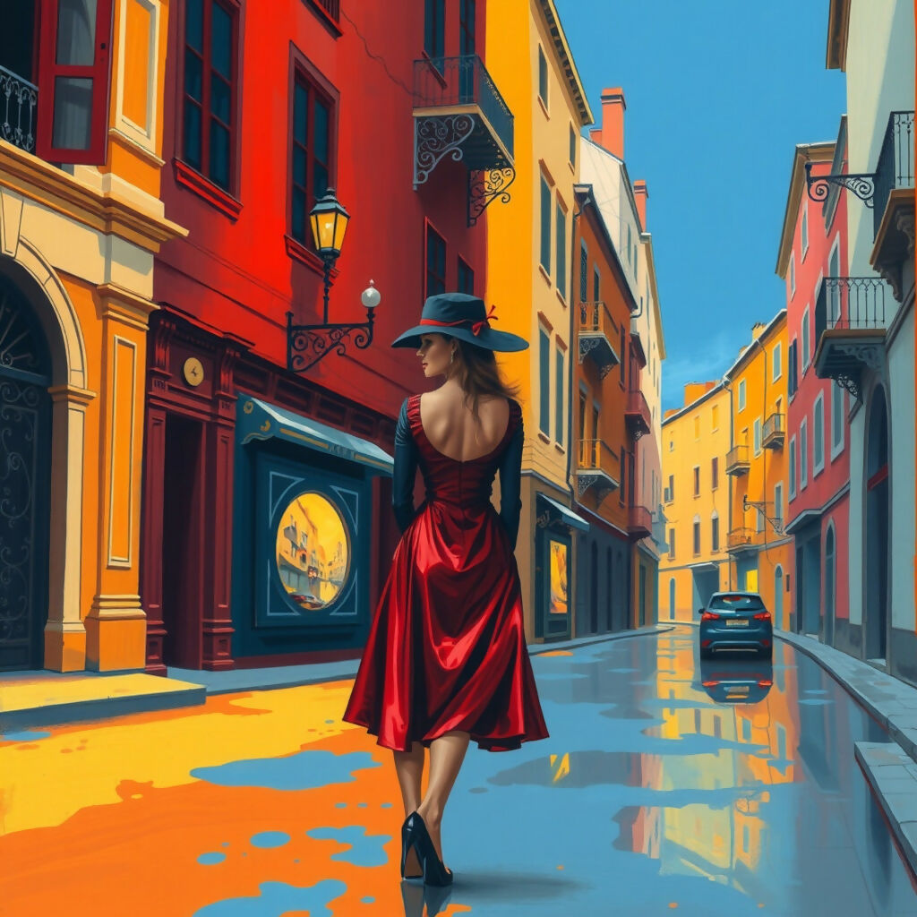 fashinable lady - woman in red satin dress - city