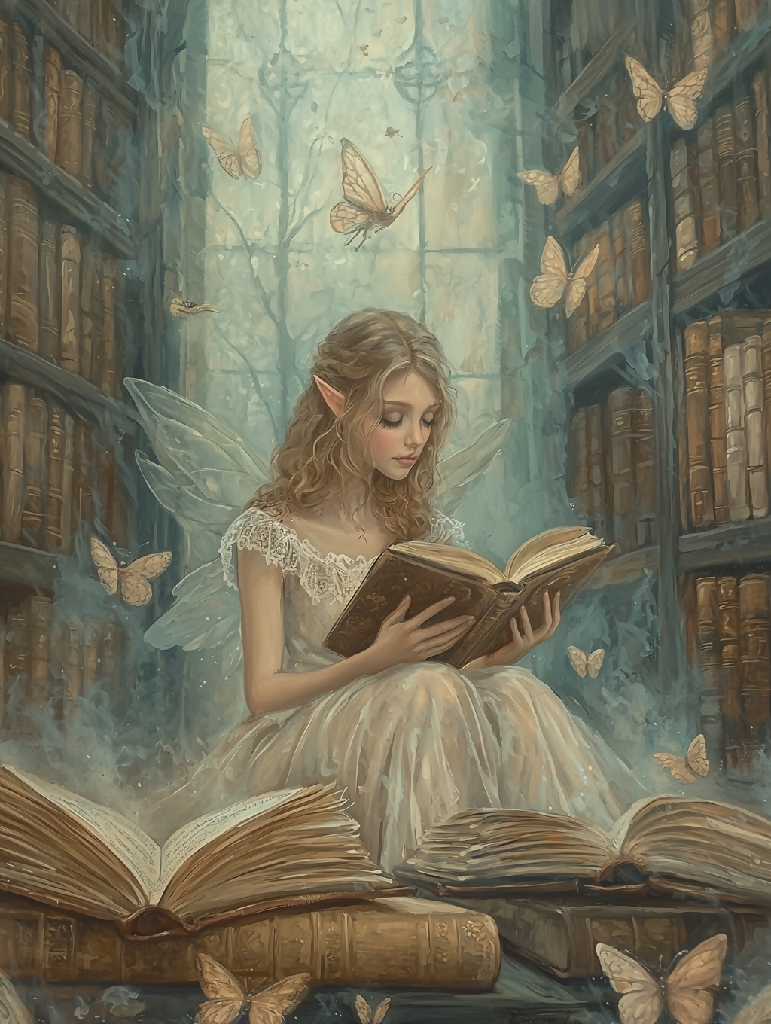 Fairy Reading in Ancient Library Surrounded by Butterflies