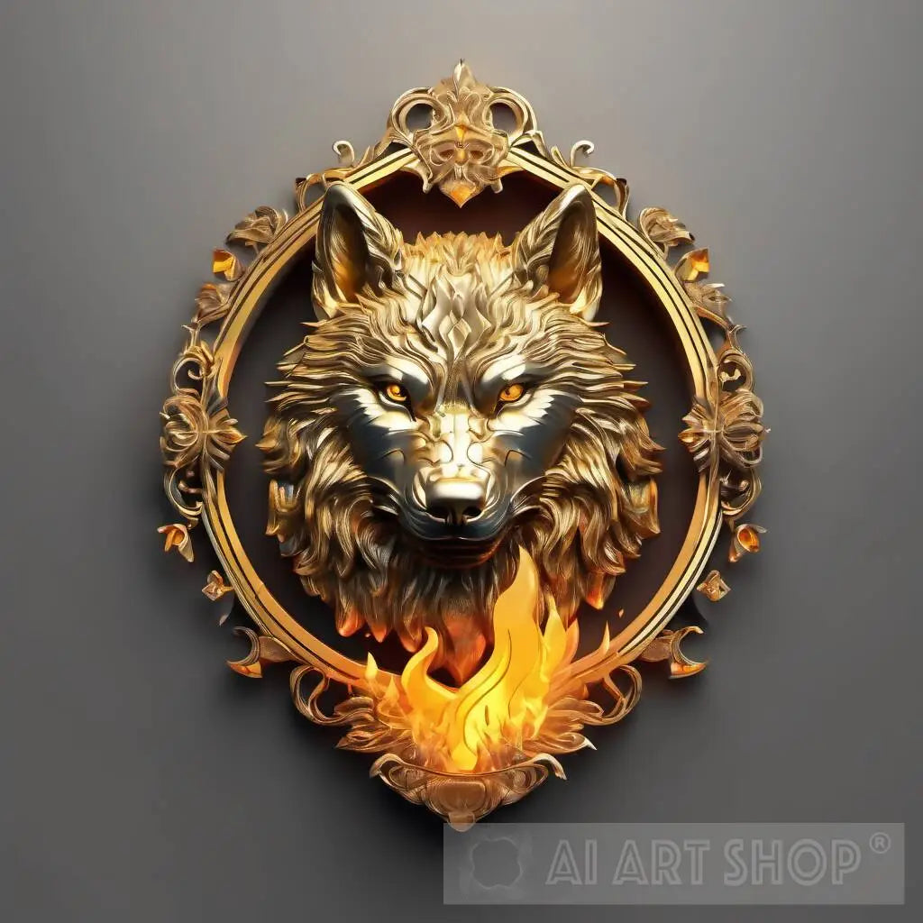 A 3D wolf logo design in golden color