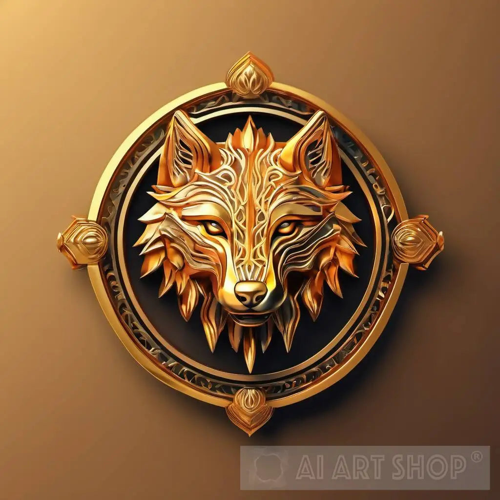 A 3D wolf logo design in golden color