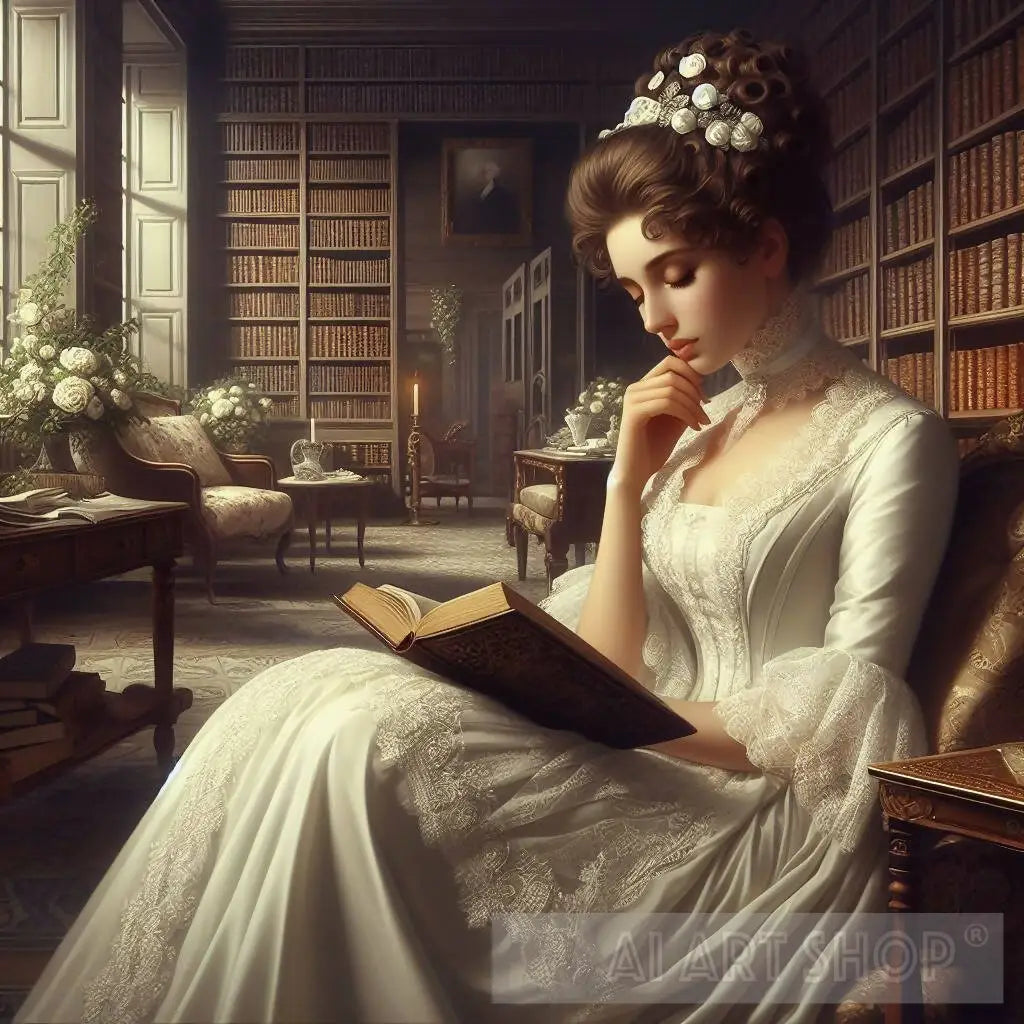 A Beautiful Regency Woman Sits in a Library Reading