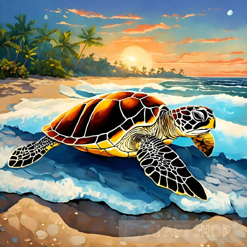 A beautiful turtle with vibrant colors rests on the beach, adding a...