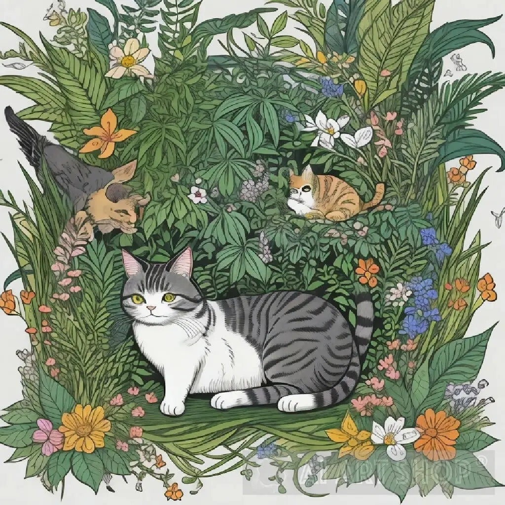 A cat surrounded by lush foliage