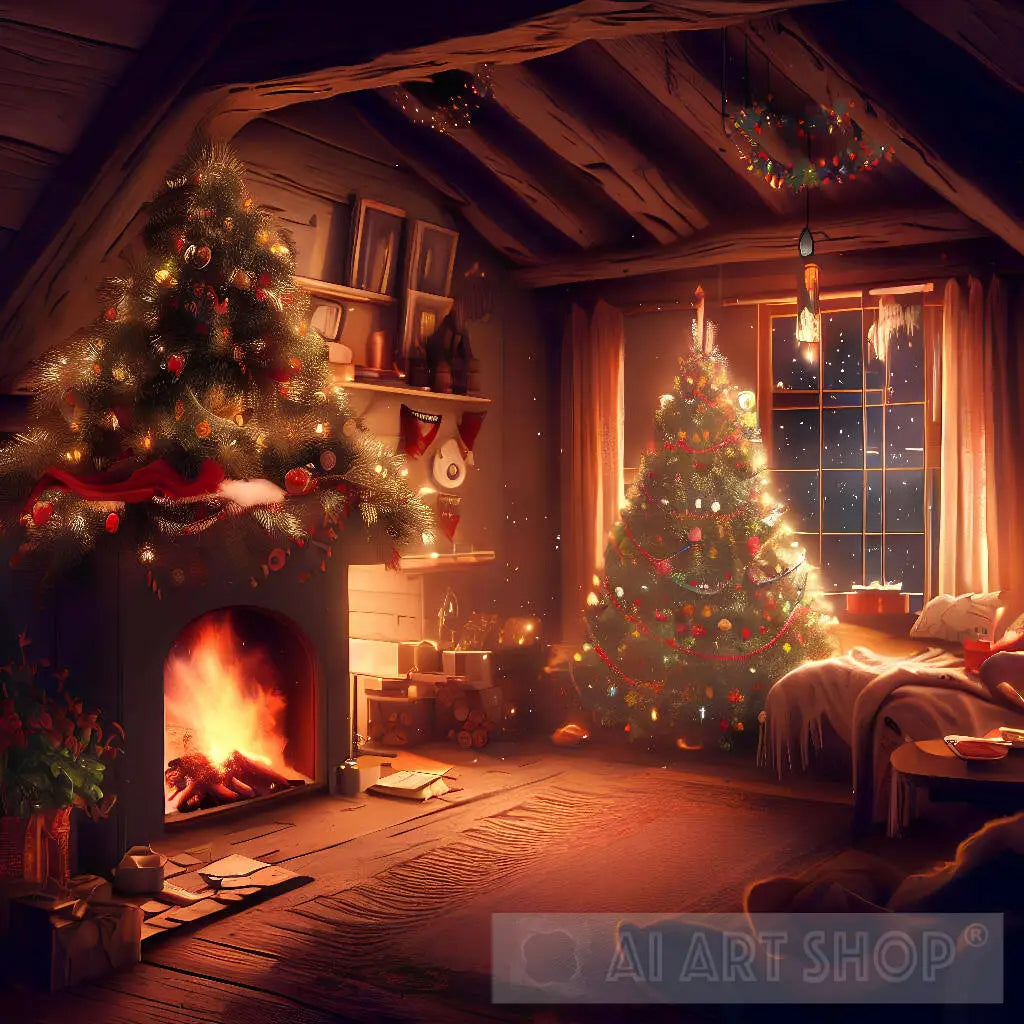A cozy Christmas cottage, with a warm fire burning in the fireplace...
