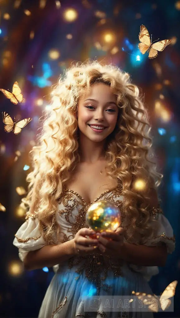 A cute Roman angelic smiling fairy with curly l