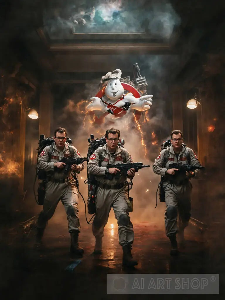A detailed and dynamic painting of the Ghostbusters