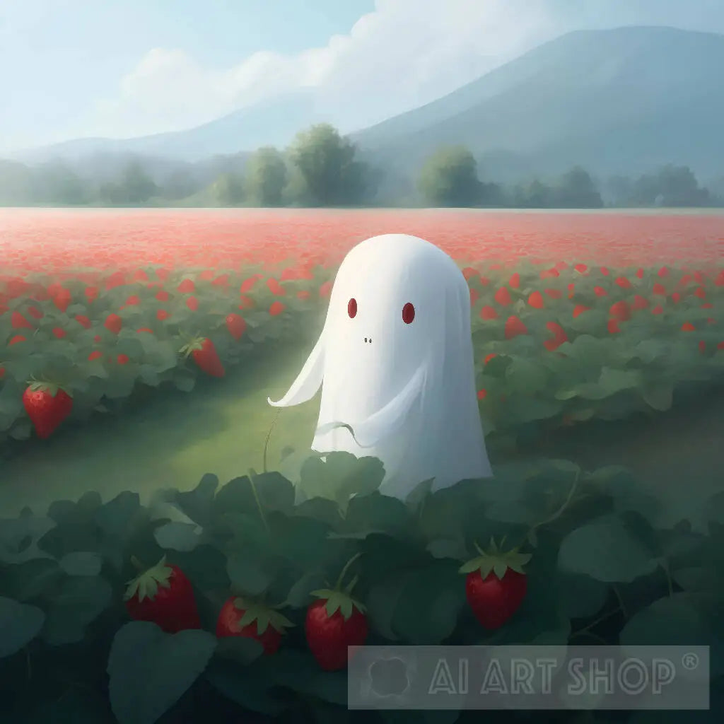 A digital painting of Walter the lonely ghost in a strawberry field