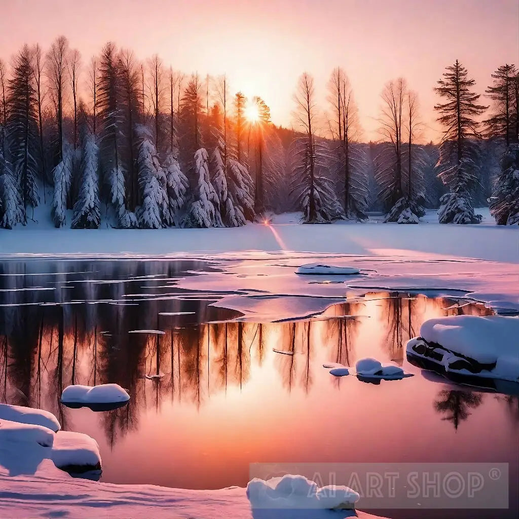 A frozen lake, its surface covered in a layer of pristine snow