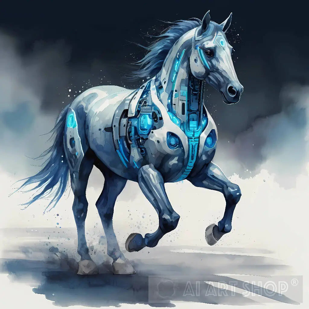 A futuristic horse with a sleek adorned with cybernetic enhancements