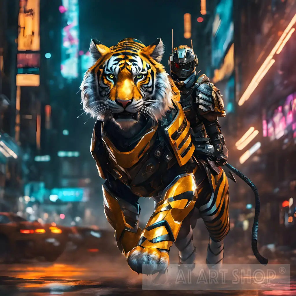 A highly detailed digital painting of a tiger wearing full body arm...