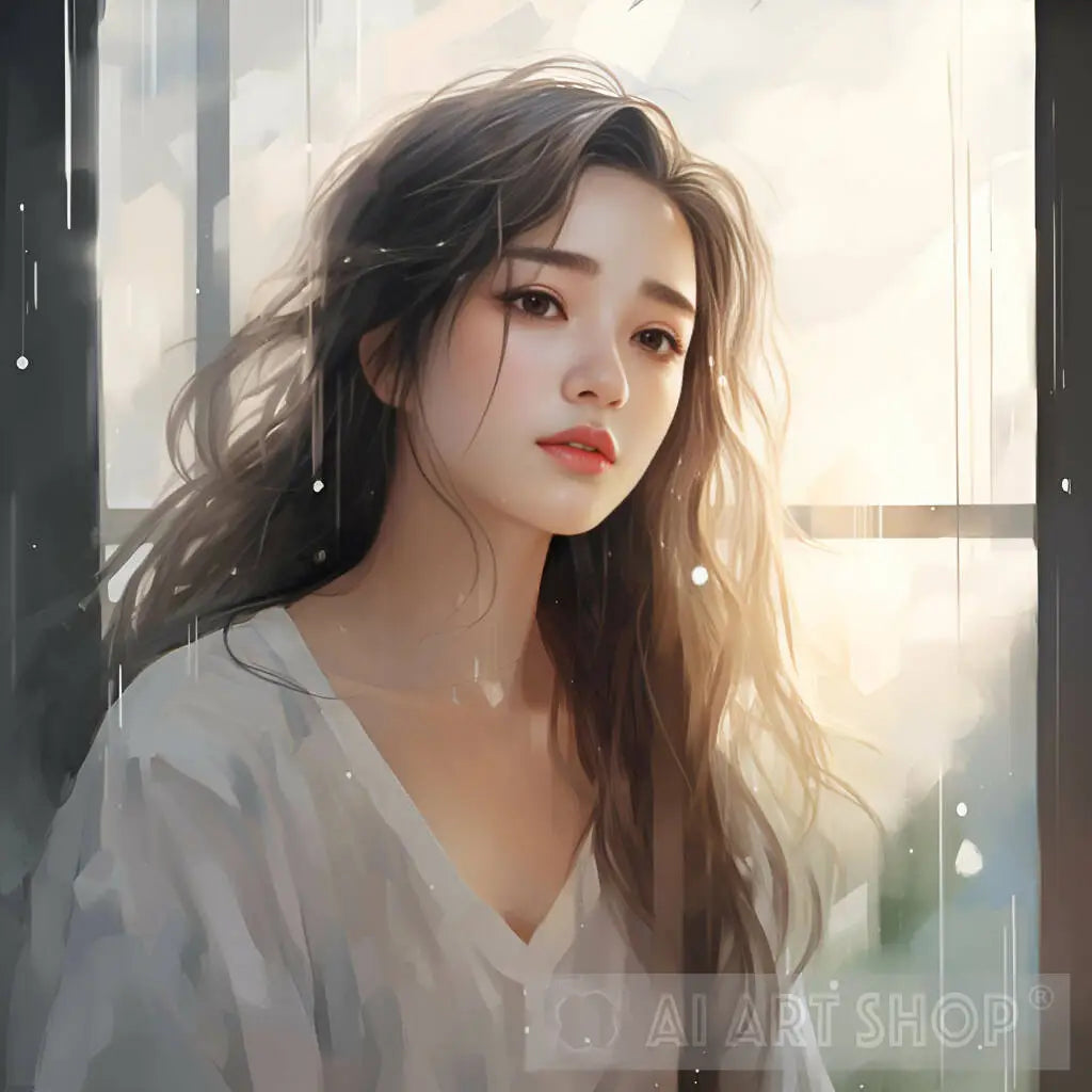 A Korean beauty stimulating protective instincts by a window with r...